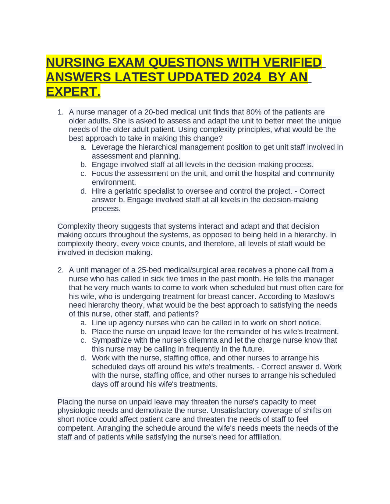 NURSING EXAM QUESTIONS WITH VERIFIED ANSWERS LATEST UPDATED 2024 BY AN ...