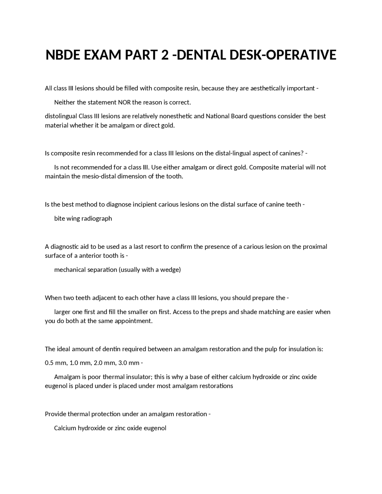 NBDE Exam Part 2 - Dental Desk-Operative | Exams Dentistry | Docsity