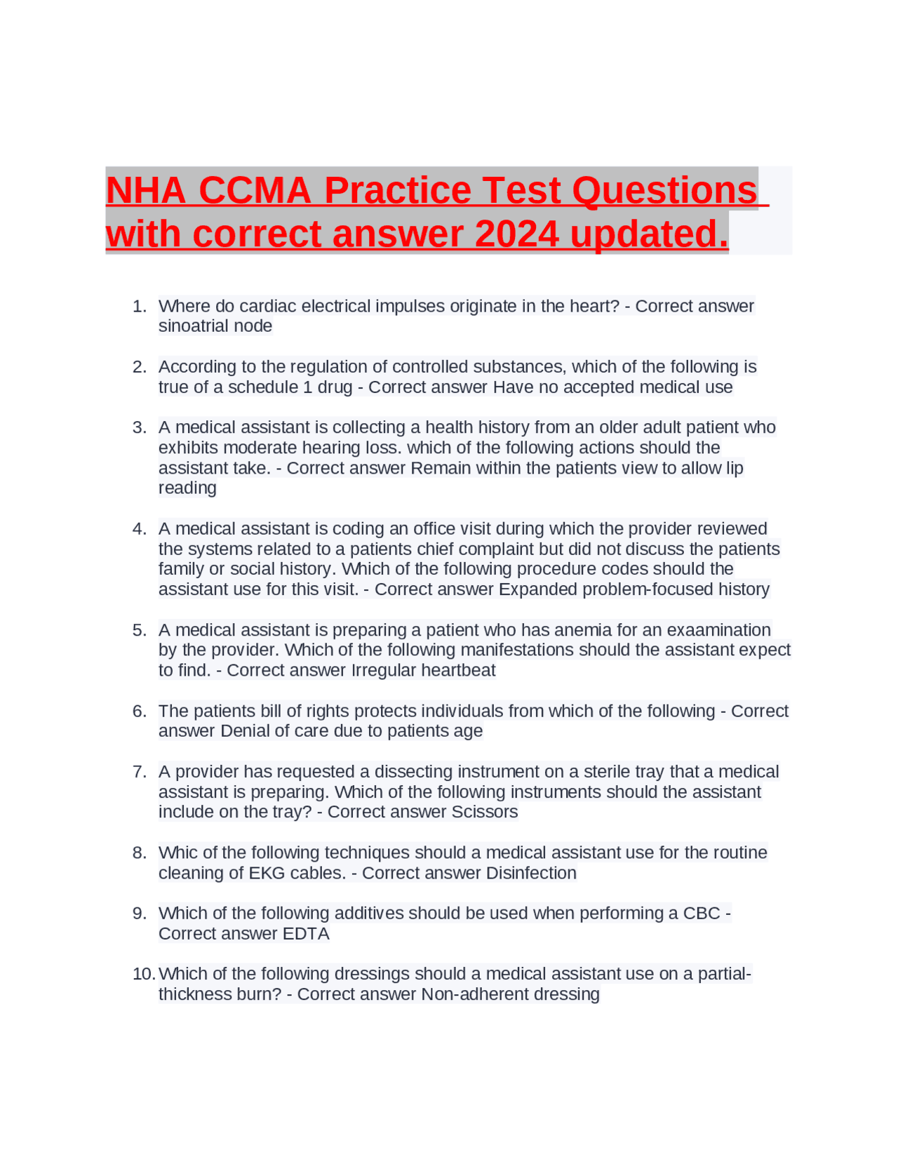 NHA CCMA Practice Test Questions with correct answer 2024 updated ...
