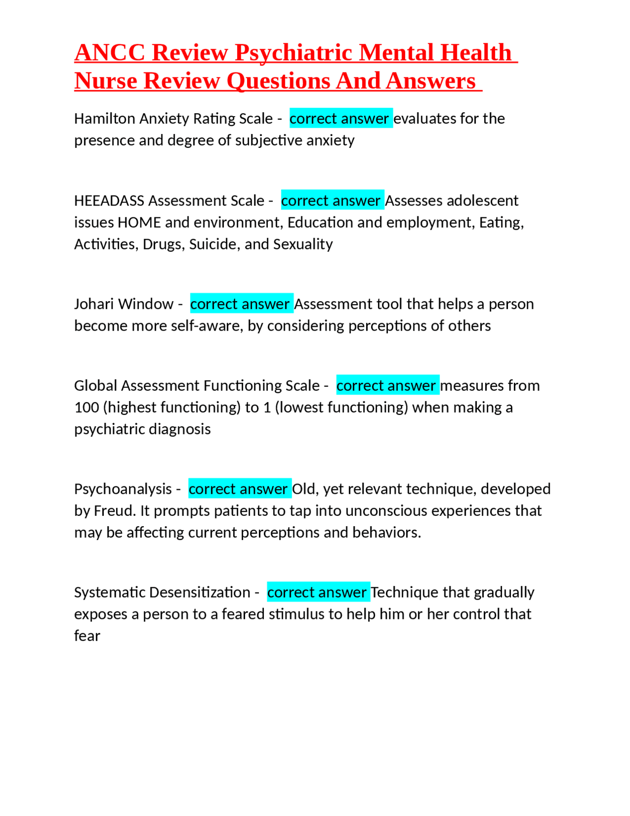 ANCC Review Psychiatric Mental Health Nurse Review Questions And ...