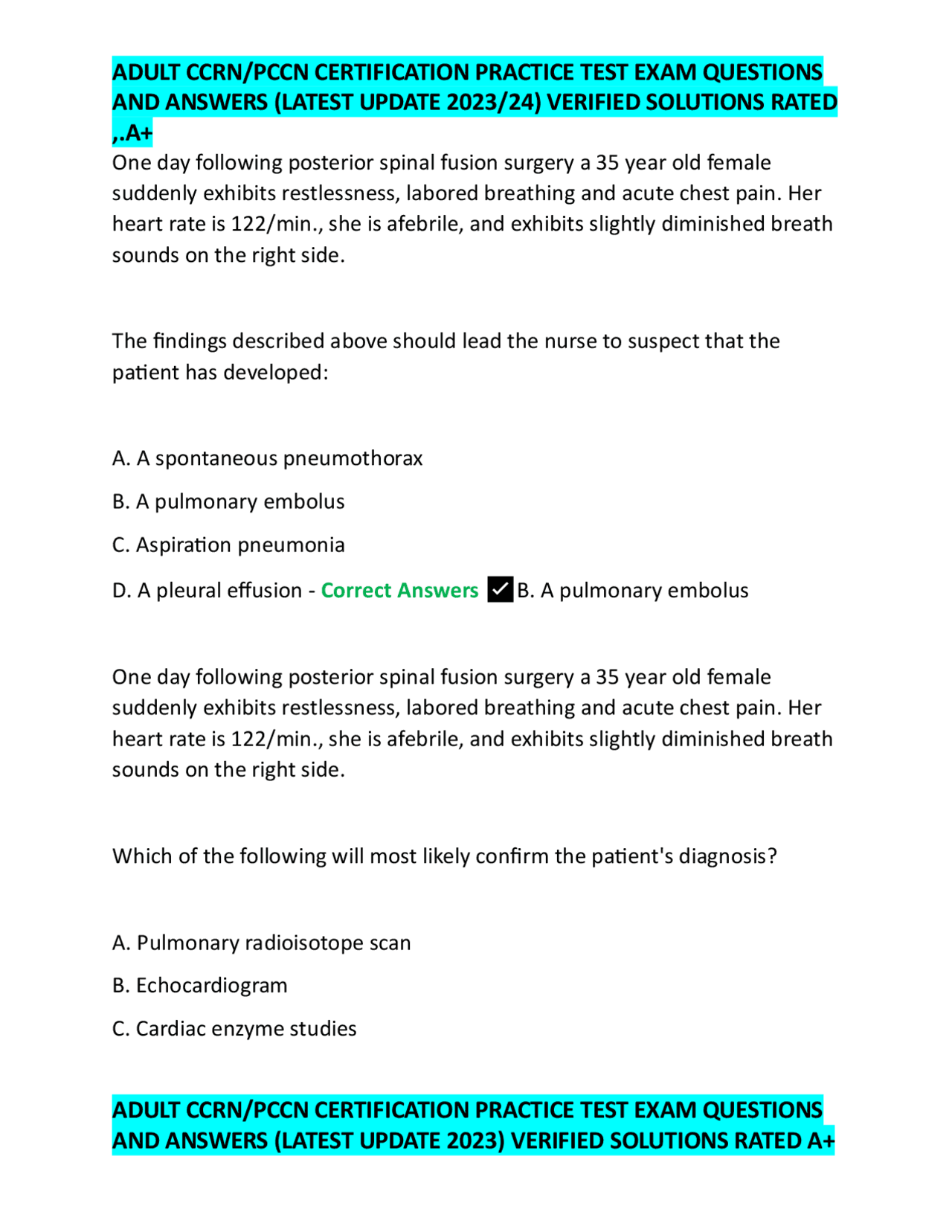 ADULT CCRN/PCCN CERTIFICATION PRACTICE TEST EXAM QUESTIONS AND ANSWERS ...