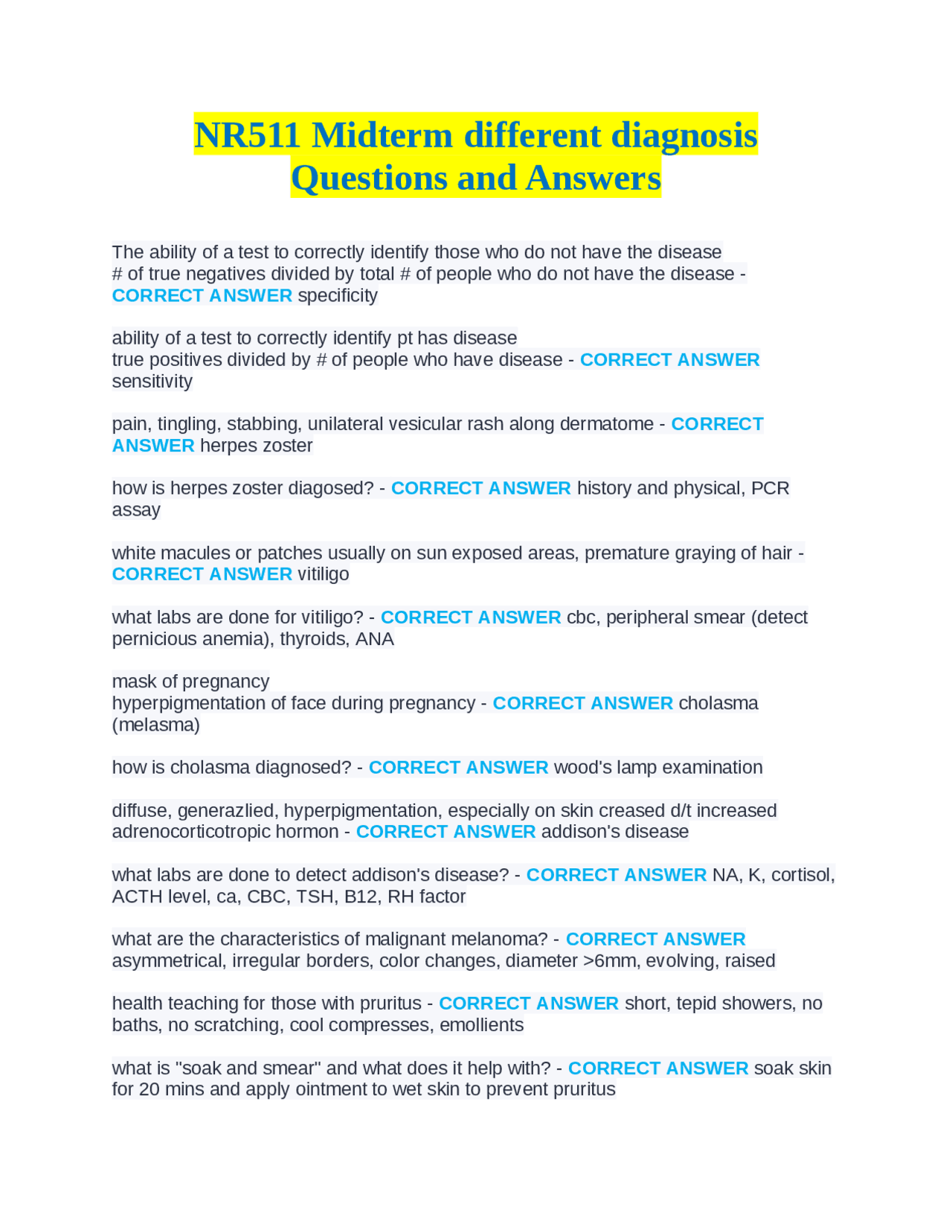 NR511 Midterm different diagnosis Questions and Answers | Exams Nursing ...