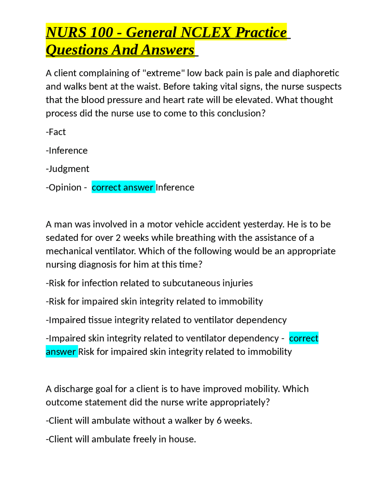 NURS 100 - General NCLEX Practice Questions And Answers | Exams Nursing ...