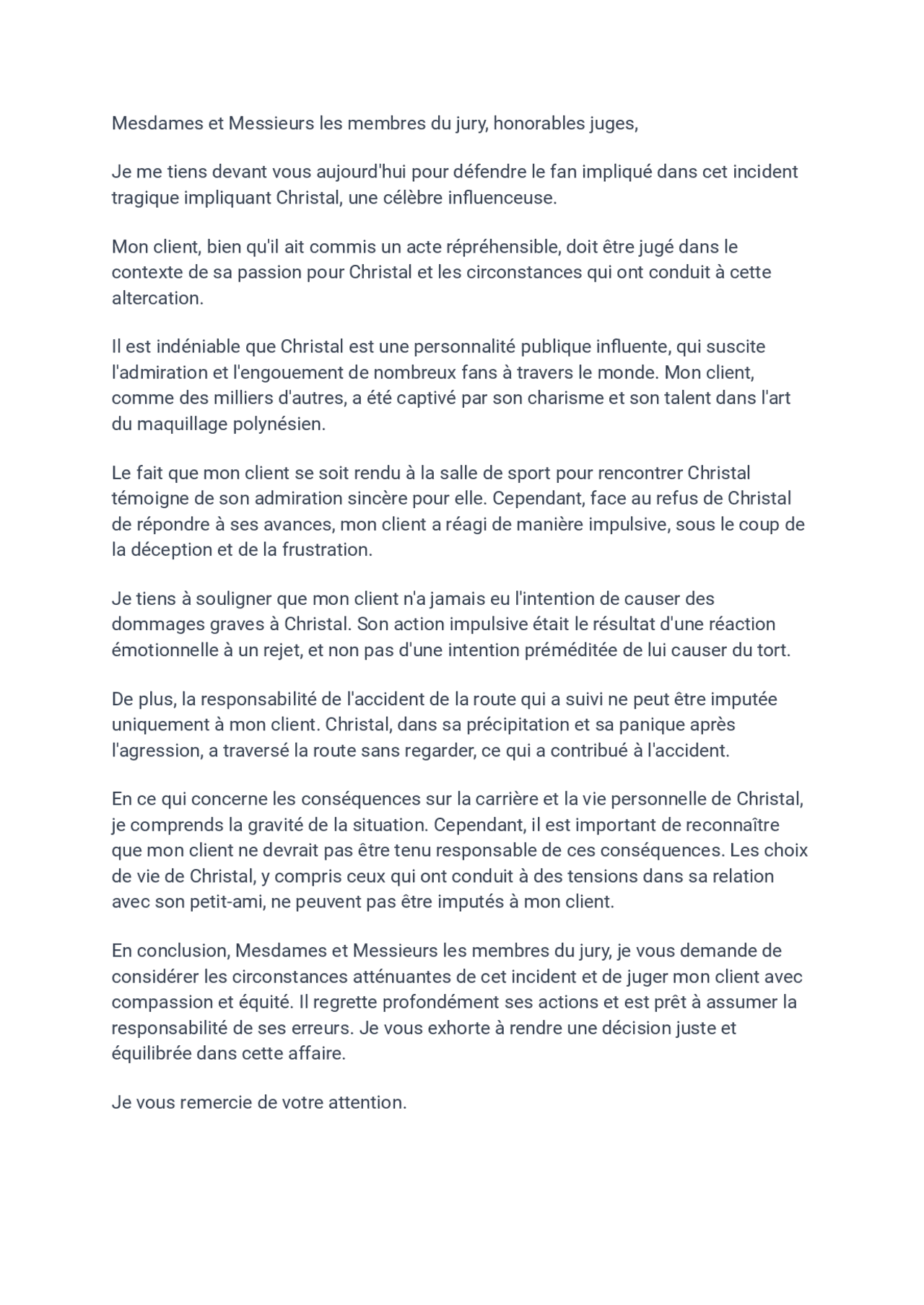 Plaidoirie exemple droit | Notes Droit des Contrats | Docsity