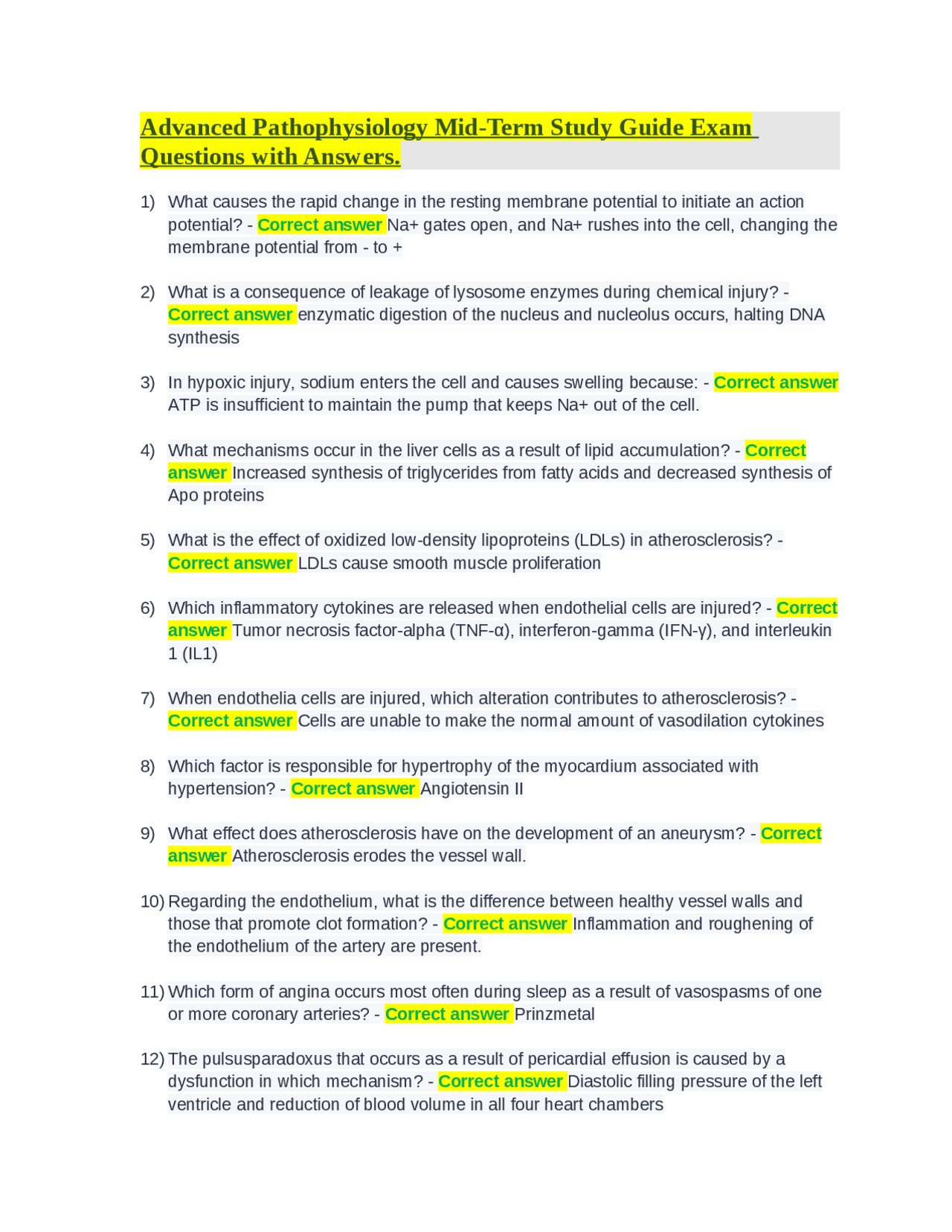 Advanced Pathophysiology Mid-Term Study Guide Exam Questions with ...