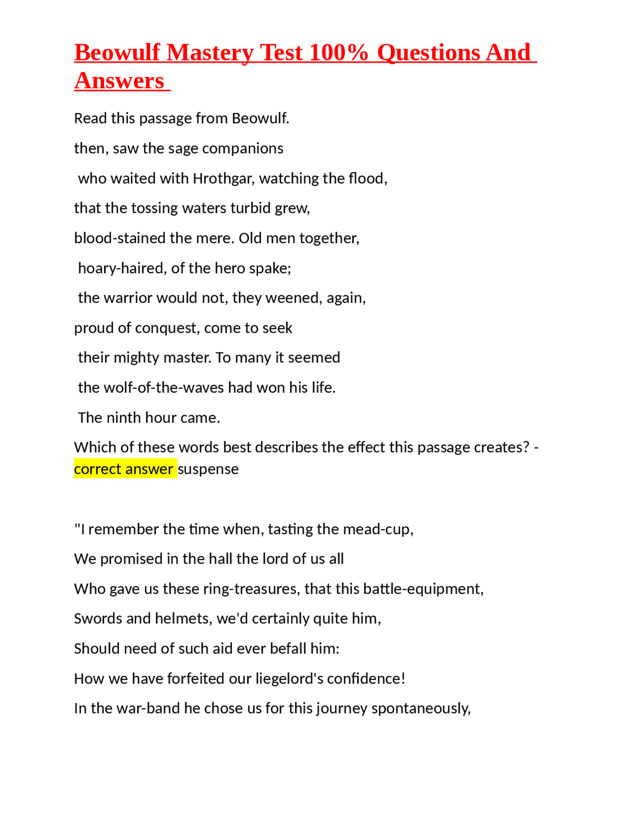 Beowulf Mastery Test 100% Questions And Answers | Exams English ...