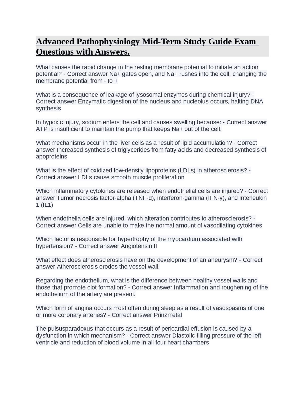 Advanced Pathophysiology Mid-Term Study Guide Exam Questions with ...