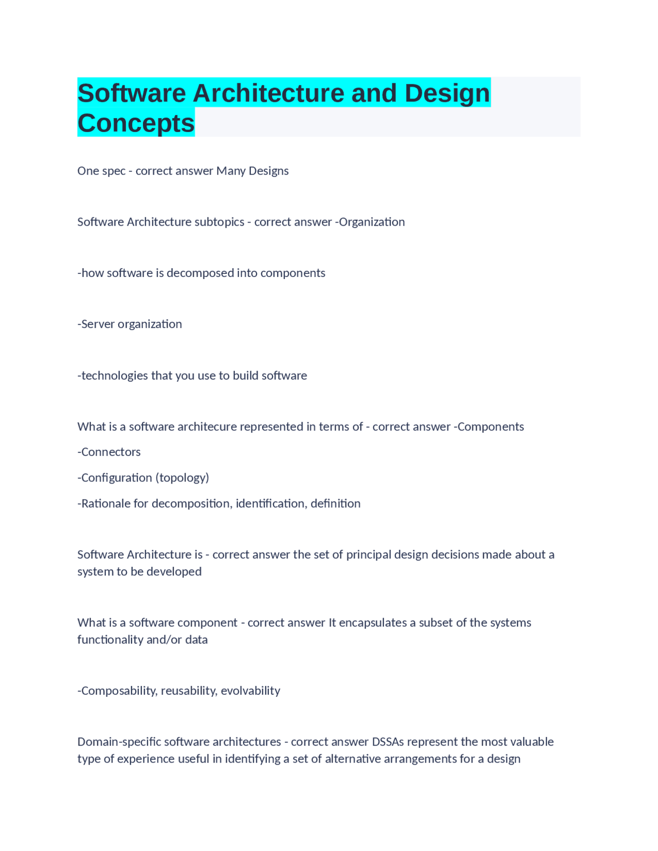 Software Architecture and Design Concepts | Exams Computer Science | Docsity
