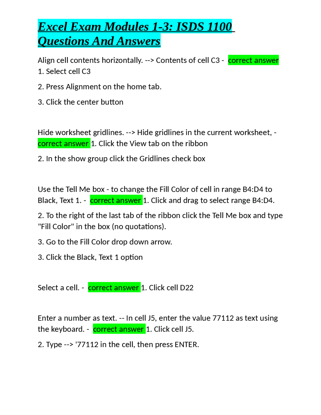 Excel Exam Modules 1-3: ISDS 1100 Questions And Answers | Exams MS Microsoft Excel skills | Docsity