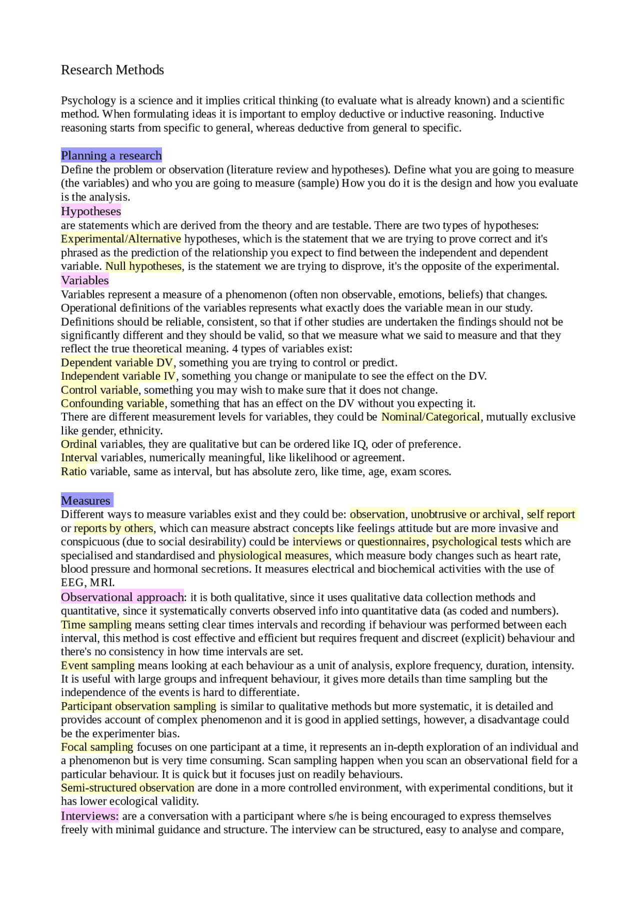 Research Methods, planning a research | Appunti di Statistica | Docsity