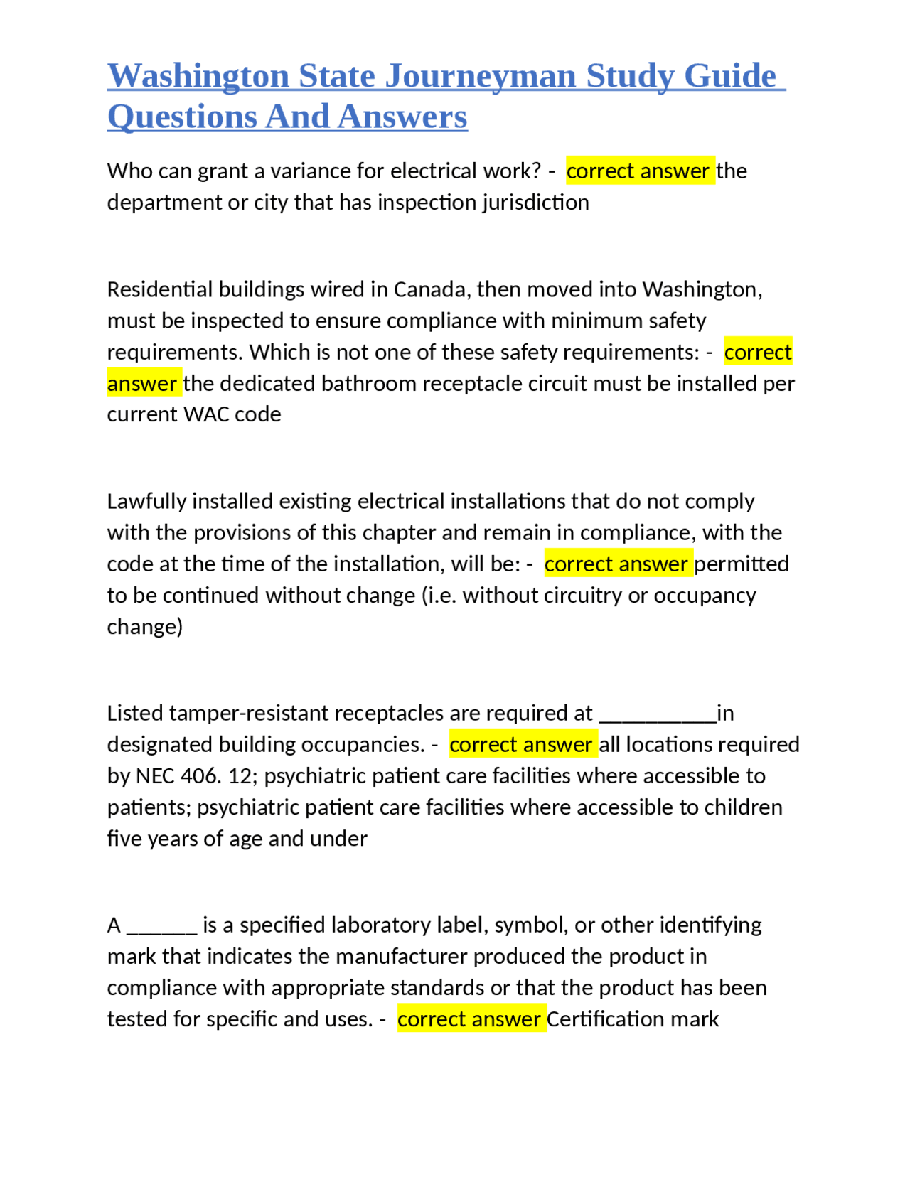 Washington State Journeyman Study Guide Questions And Answers | Exams ...