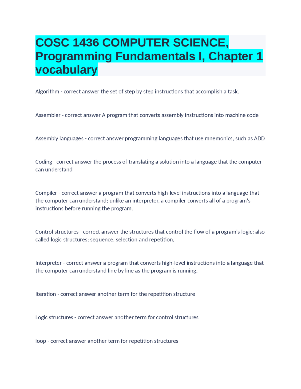 Computer Science Programming Fundamentals I Chapter 1 Vocabulary ...