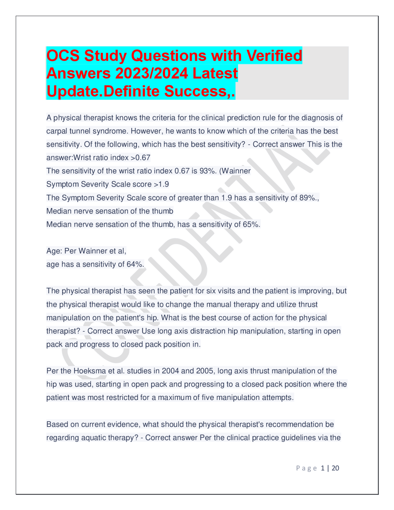 OCS Study Questions with Verified Answers | Exams Nursing | Docsity