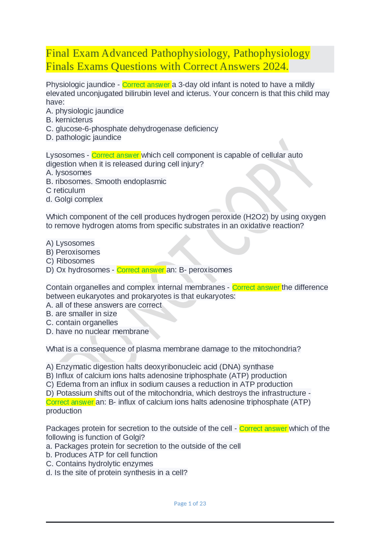 Final Exam Advanced Pathophysiology, Pathophysiology Finals Exams ...