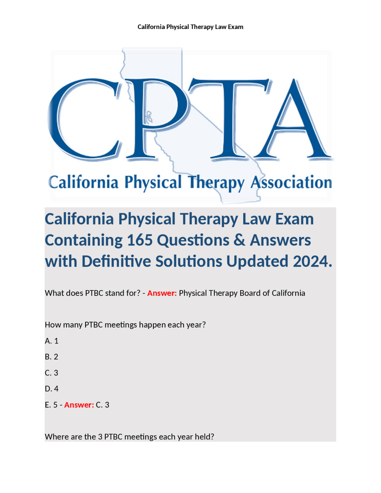 California Physical Therapy Law Exam Containing 165 Questions & Answers ...