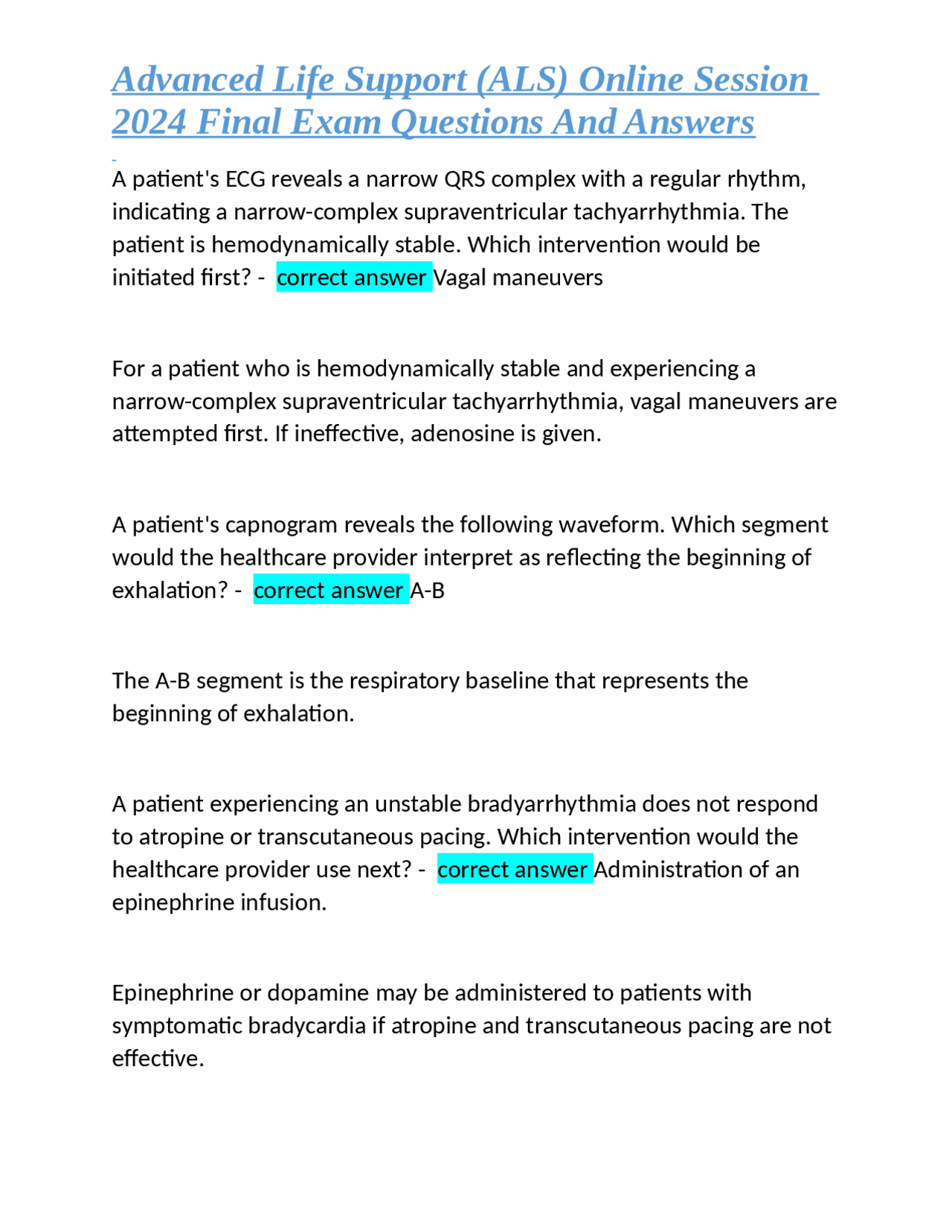 Advanced Life Support (ALS) Online Session 2024 Final Exam Questions ...