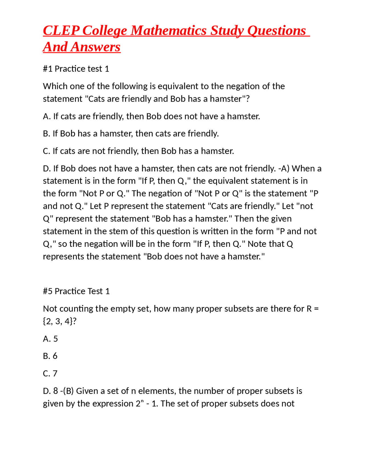 CLEP College Mathematics Study Questions and Answers | Exams ...