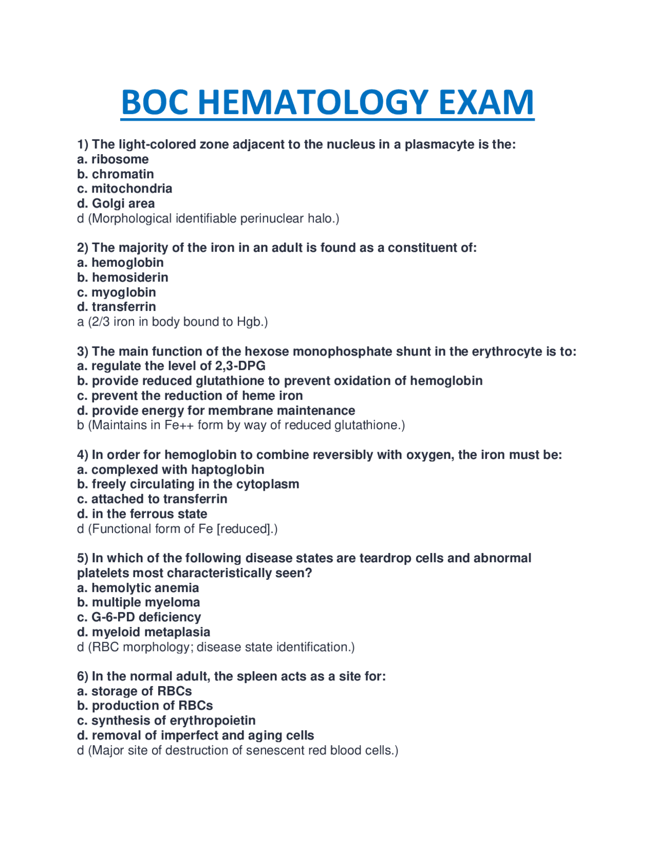 Hematology Exam Questions and Answers | Exams Biology | Docsity
