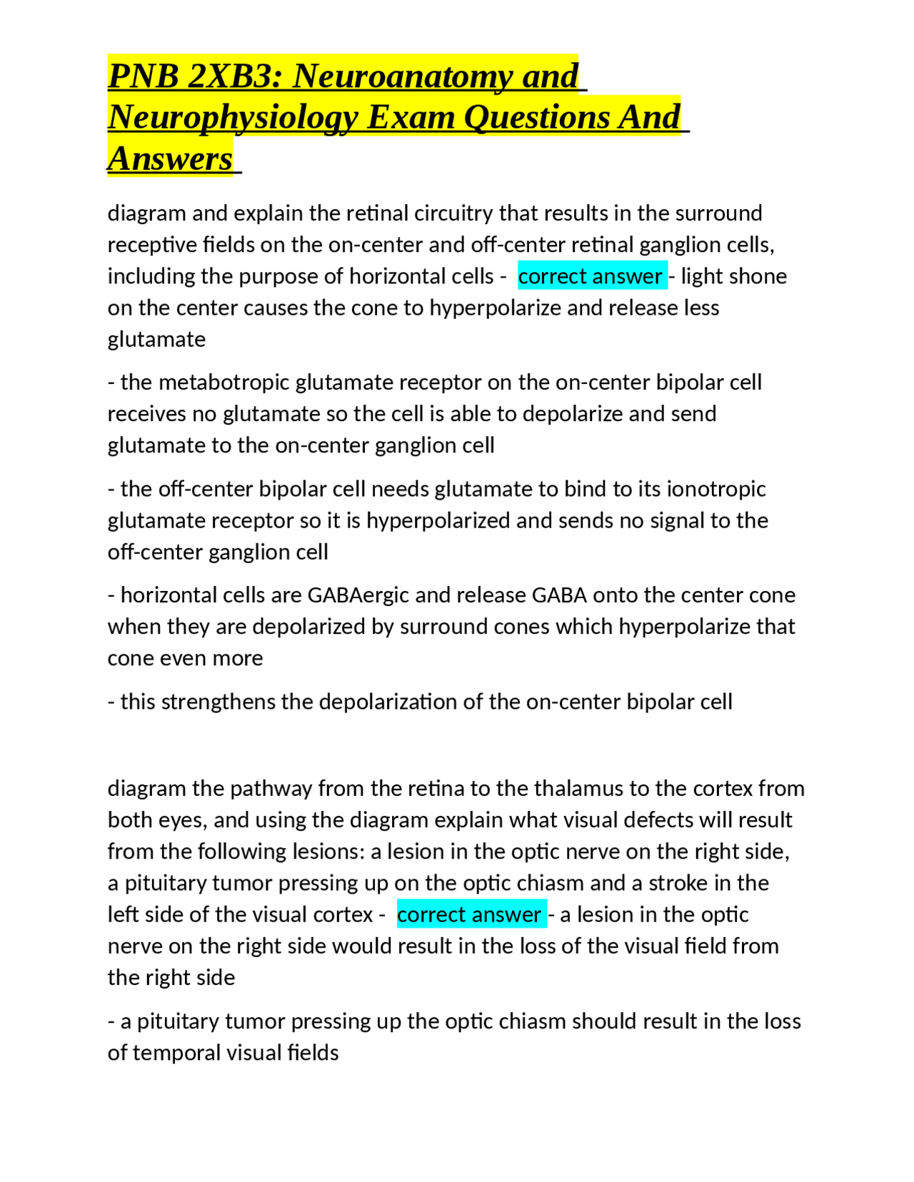 Neuroanatomy and Neurophysiology Exam Questions and Answers | Exams ...