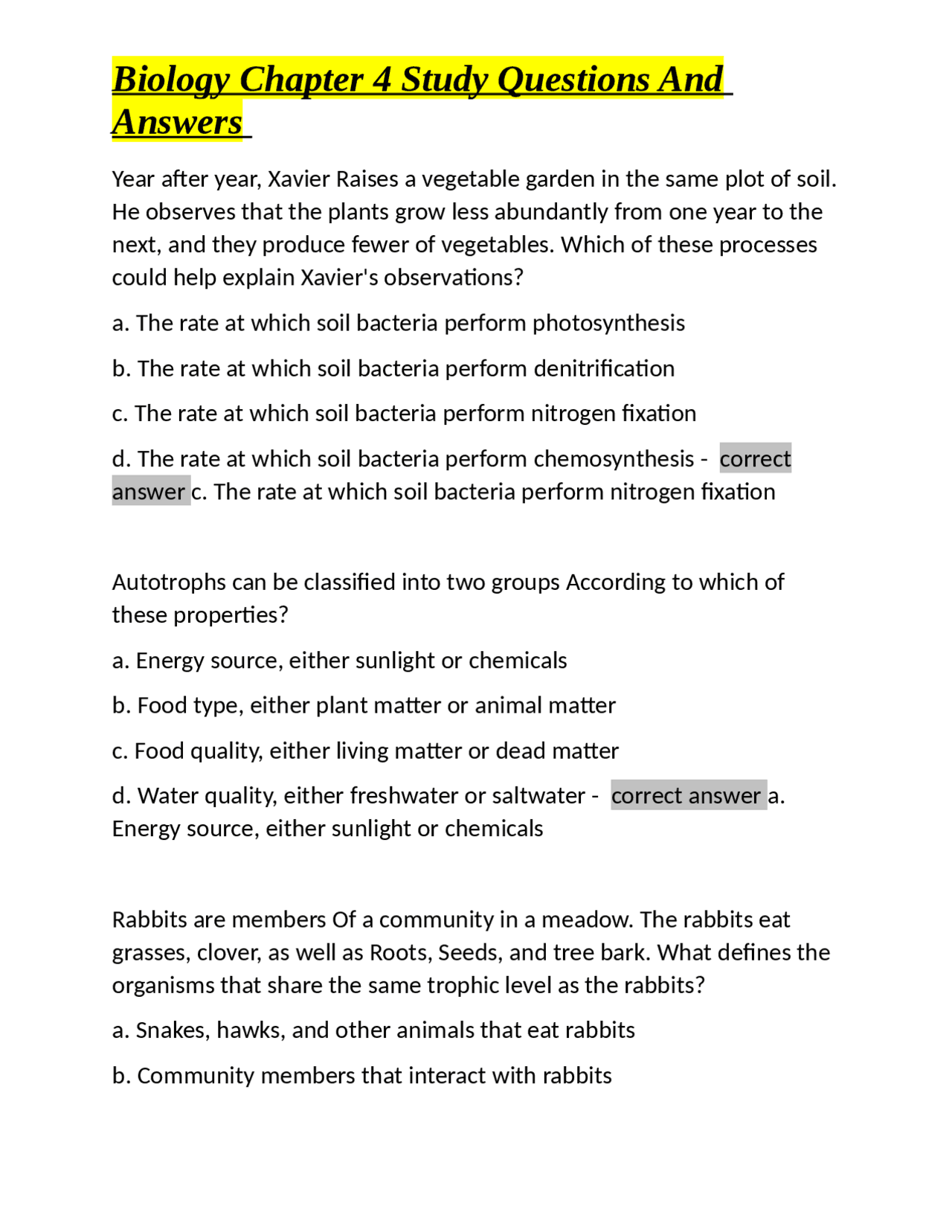 Biology Chapter 4 Study Questions And Answers | Exams Biology | Docsity