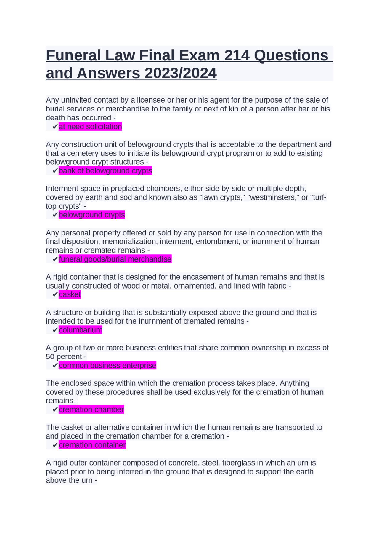 Funeral Law Final Exam 214 Questions and Answers 2023/2024 | Exams ...