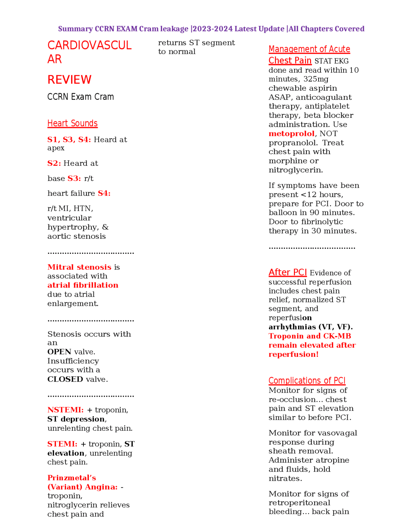 Summary CCRN EXAM Cram leakage |2023-2024 Latest Update |All Chapters ...