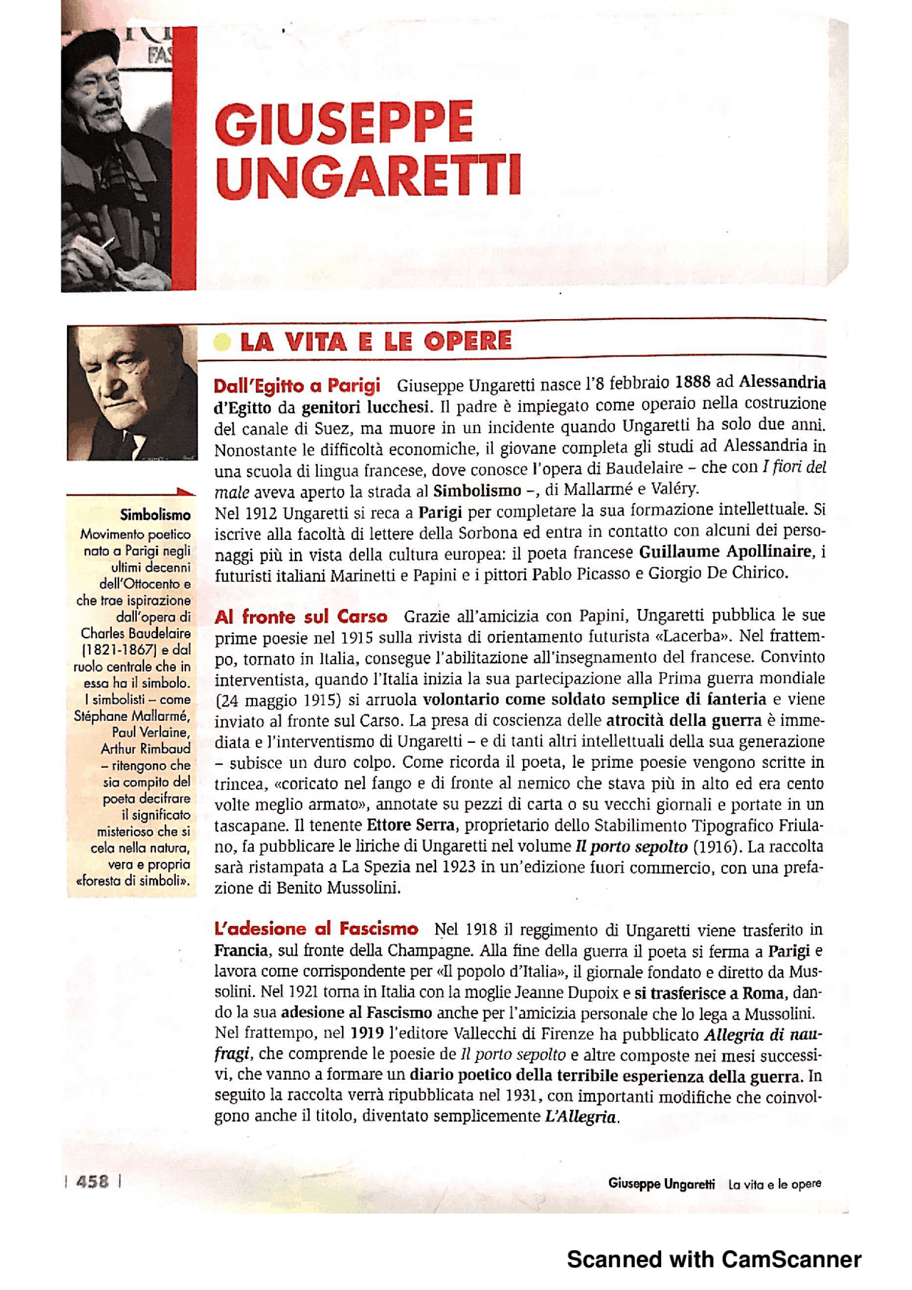 La vita e le opere di Giuseppe Ungaretti | Appunti di Italiano | Docsity