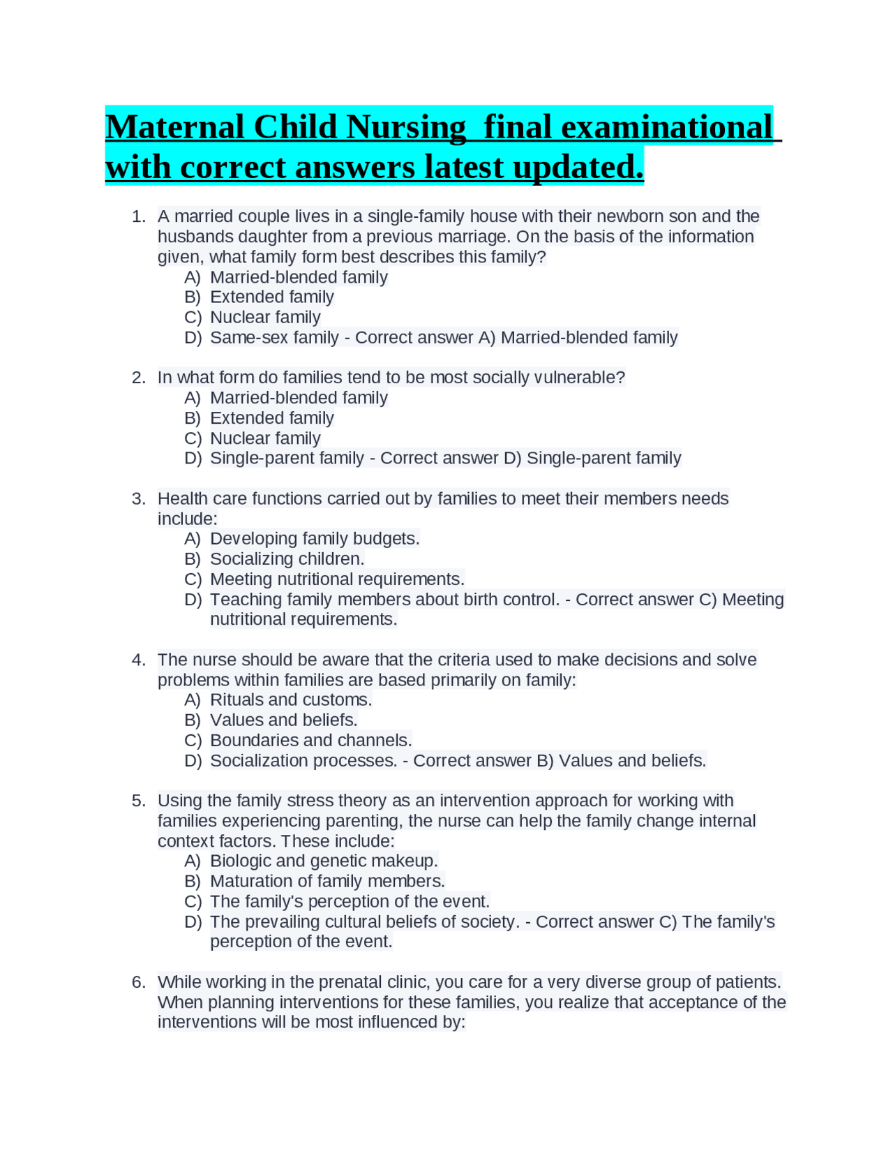 Maternal Child Nursing Final Exam with Correct Answers | Exams Nursing ...