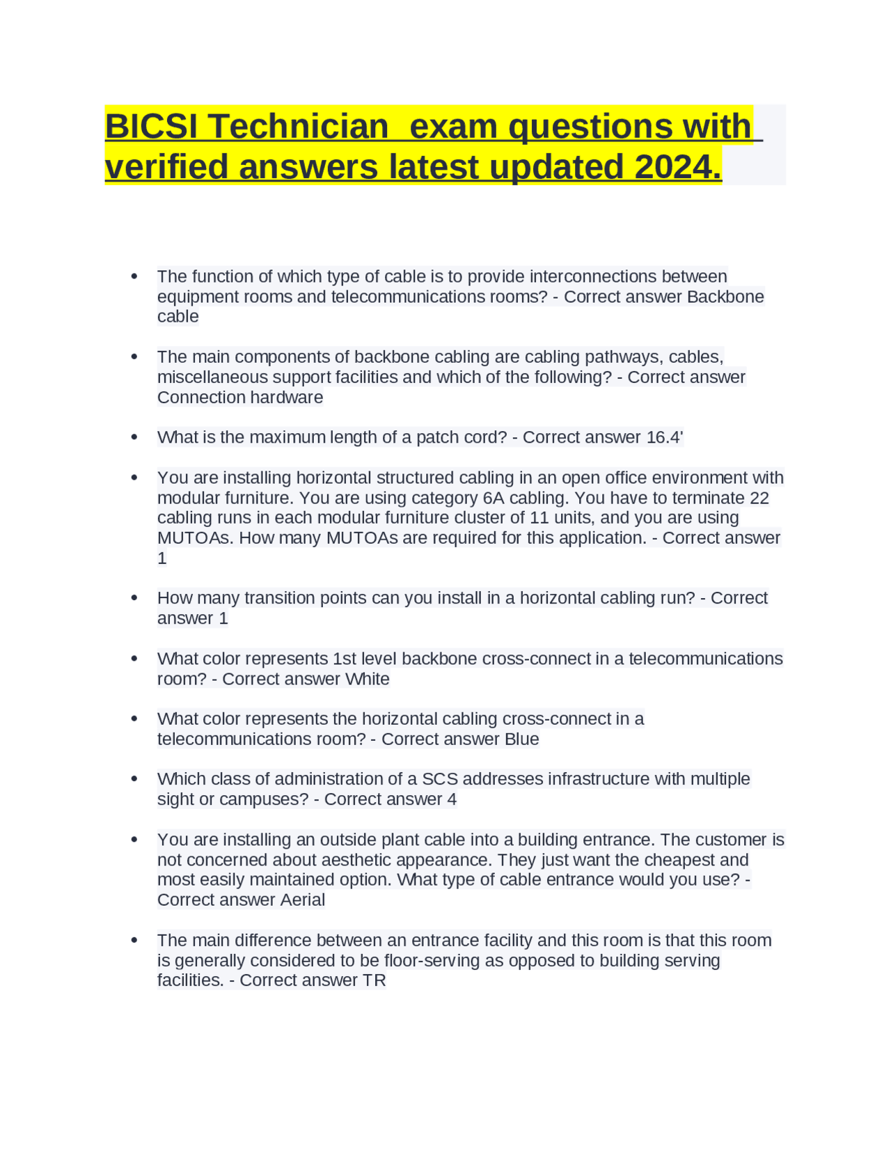 BICSI Technician exam questions with verified answers latest updated ...