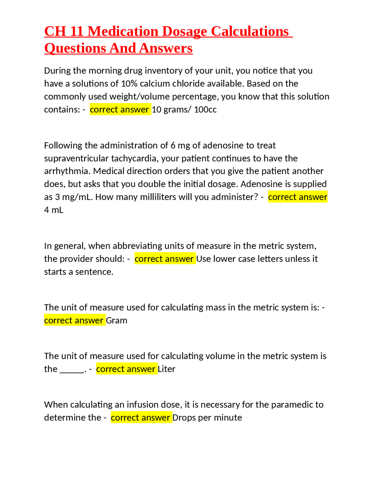 CH 11 Medication Dosage Calculations Questions And Answers | Exams ...