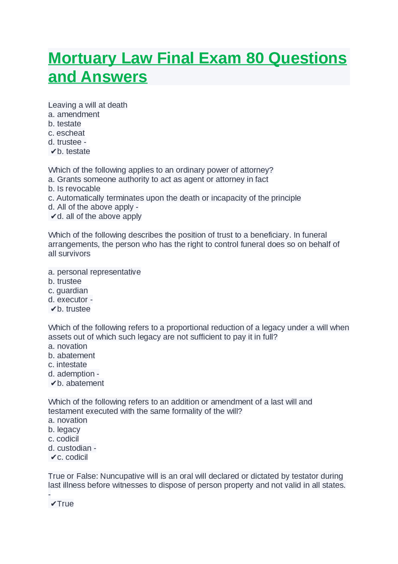Mortuary Law Final Exam Questions and Answers | Exams Health sciences ...