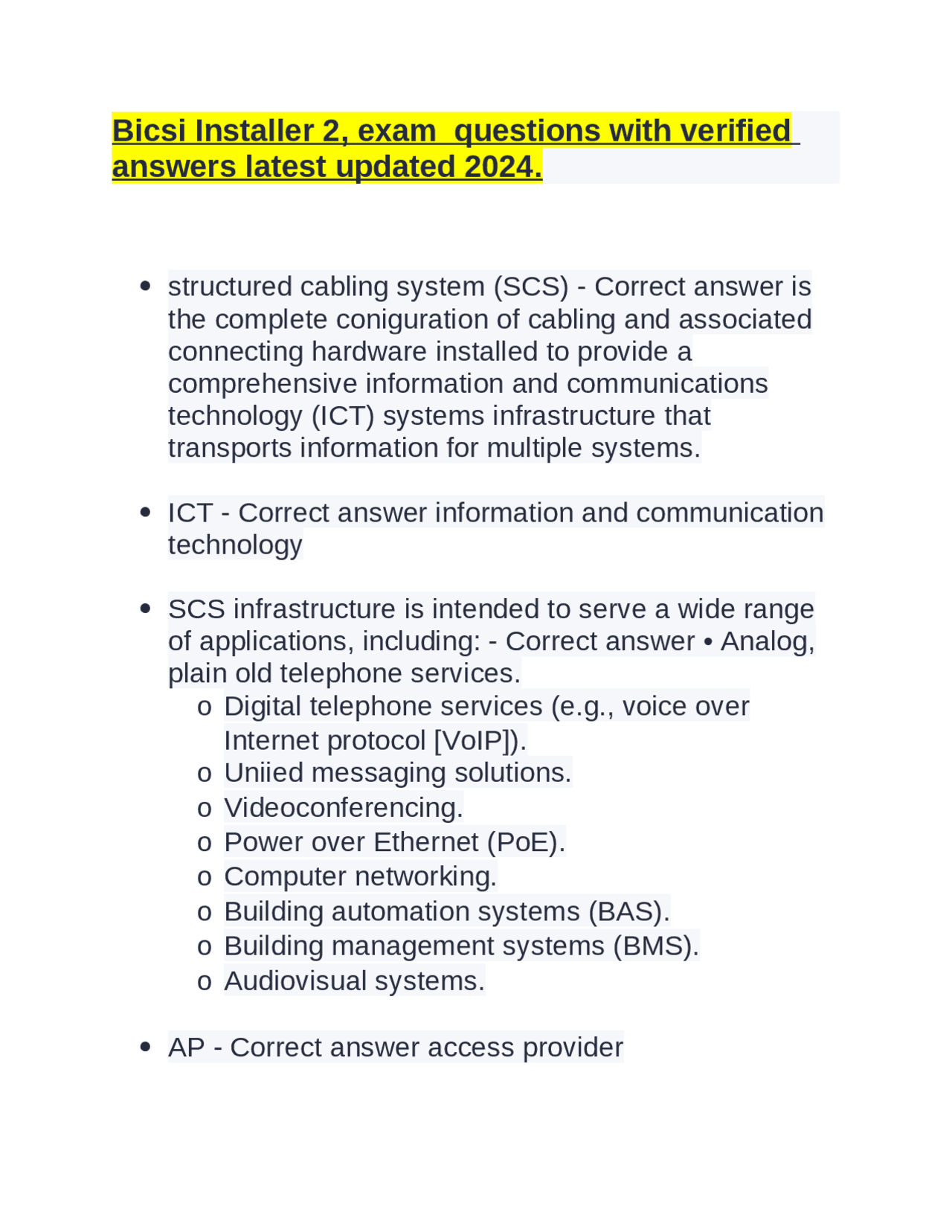 Bicsi Installer 2, exam questions with verified answers latest updated ...