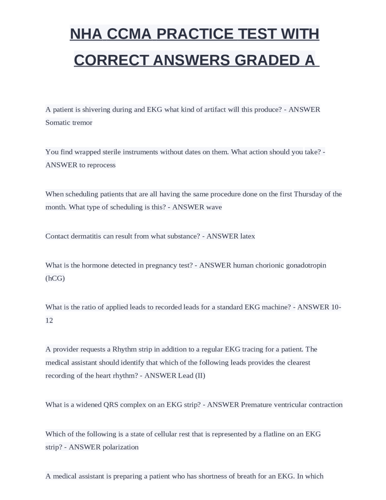 NHA CCMA Practice Test with Correct Answers Graded A | Exams Nursing ...