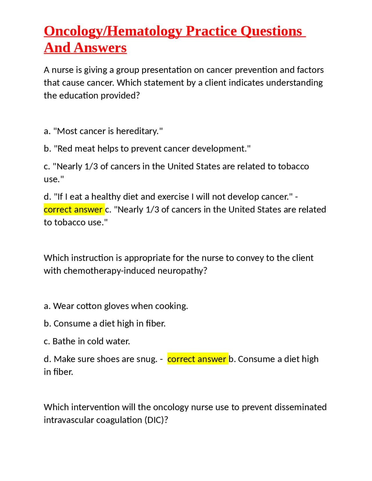 Oncology/Hematology Practice Questions And Answers | Exams Oncology ...