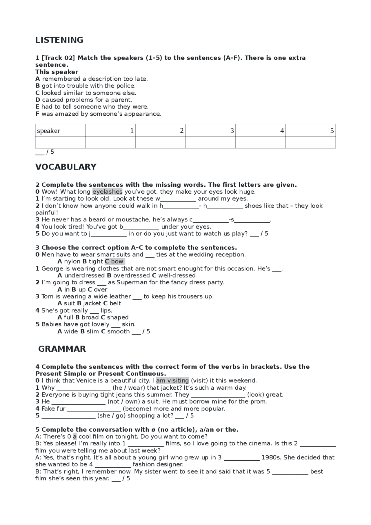TEST UNIT 1 HIGH NOTE 3 GROUP A | Ćwiczenia Język angielski | Docsity