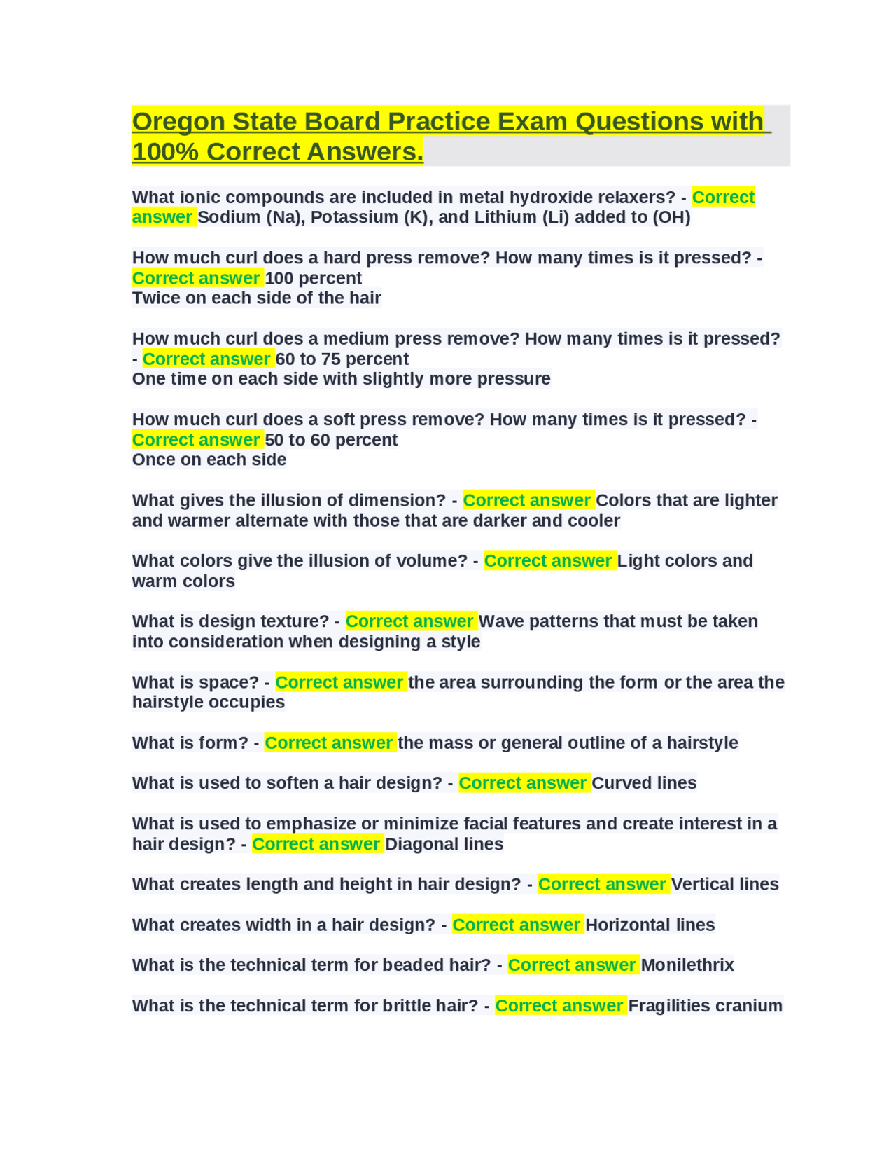 Oregon State Board Practice Exam Questions with 100% Correct Answers ...