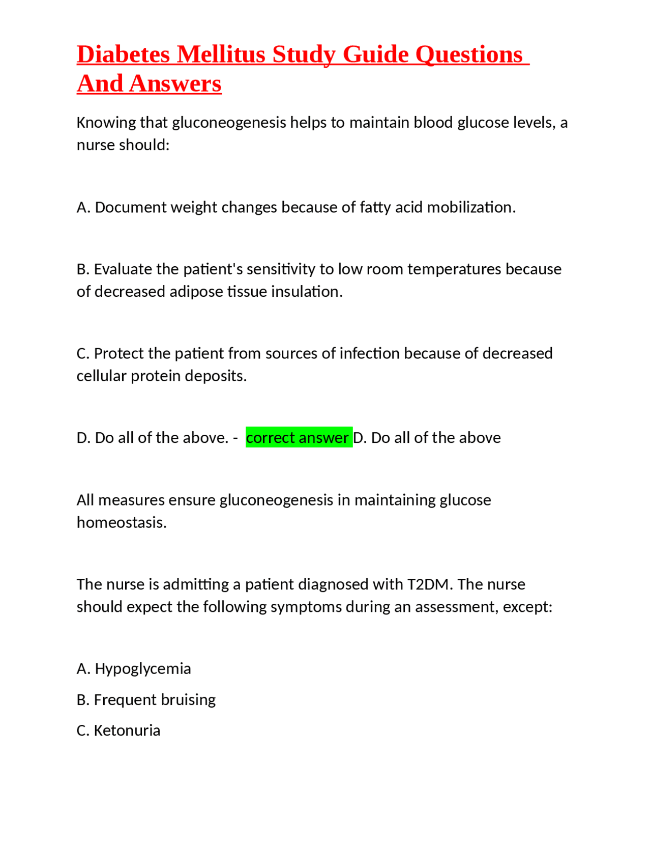 Diabetes Mellitus Study Guide Questions And Answers | Exams Medicine ...