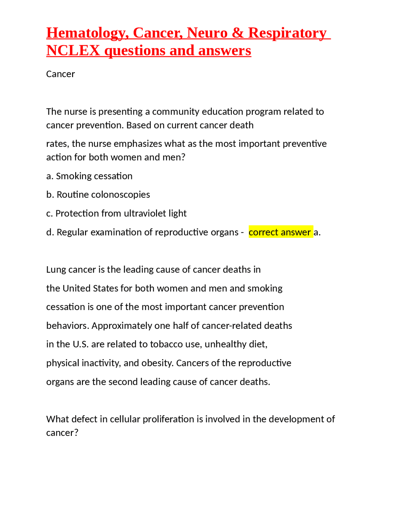 Hematology, Cancer, Neuro & Respiratory NCLEX questions and answers ...