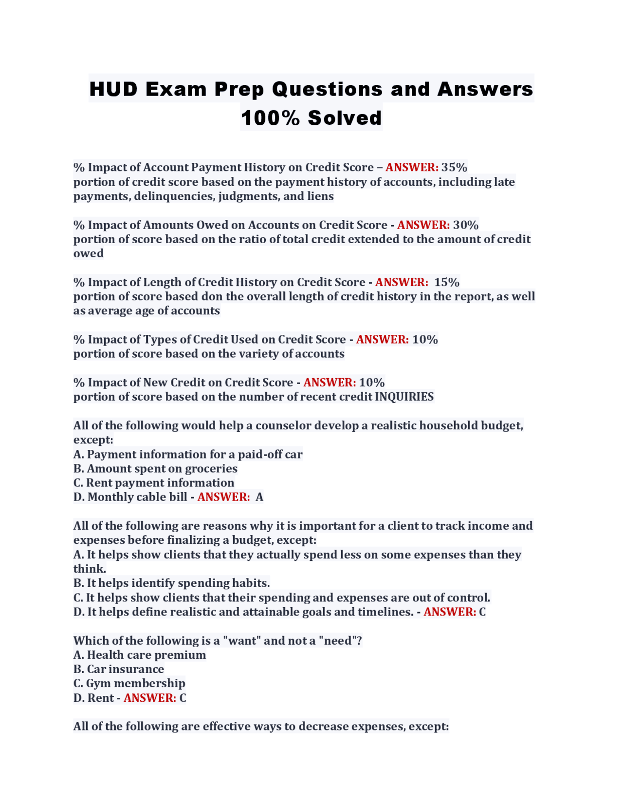 HUD Exam Prep Questions and Answers | Exams Law | Docsity