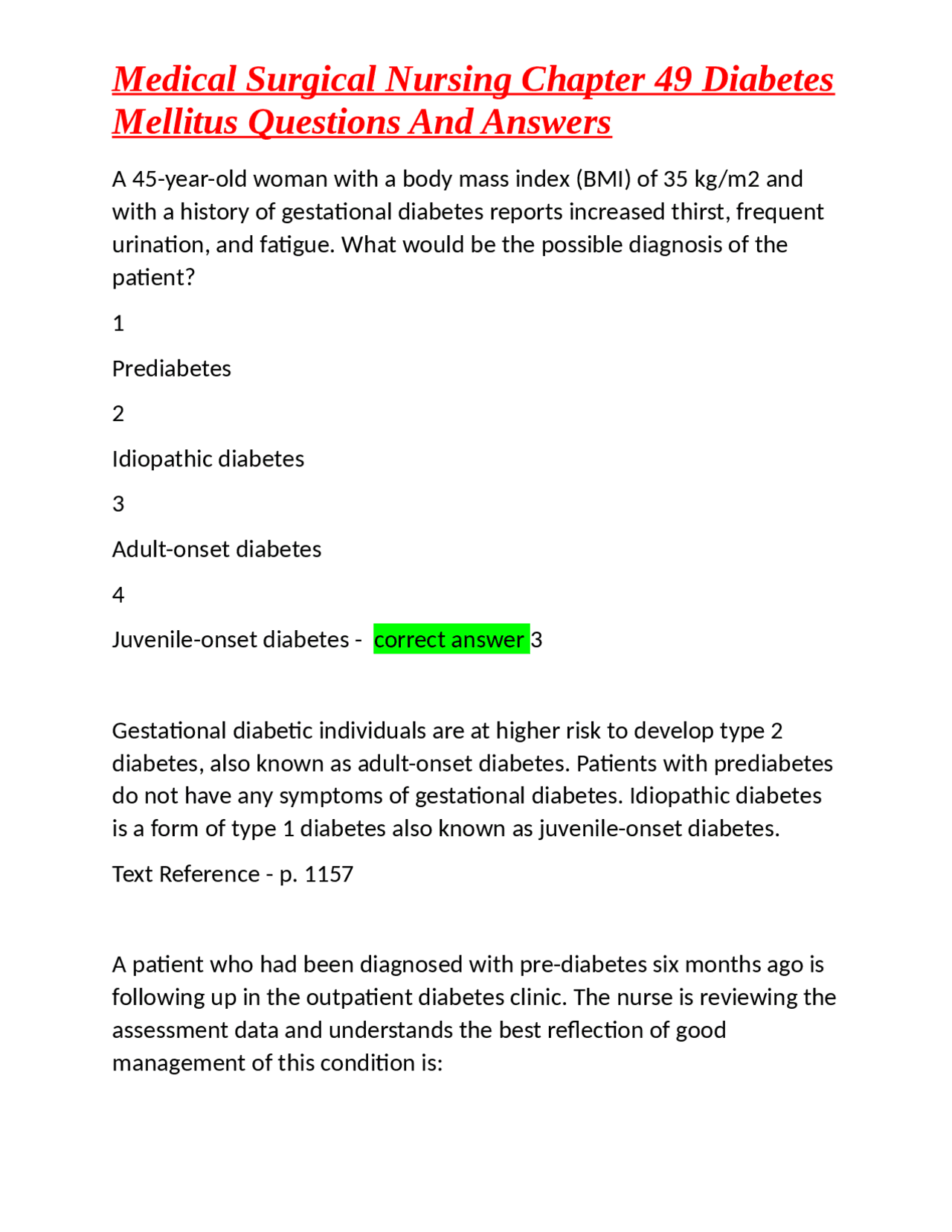 Medical Surgical Nursing Chapter 49 Diabetes Mellitus Questions And ...