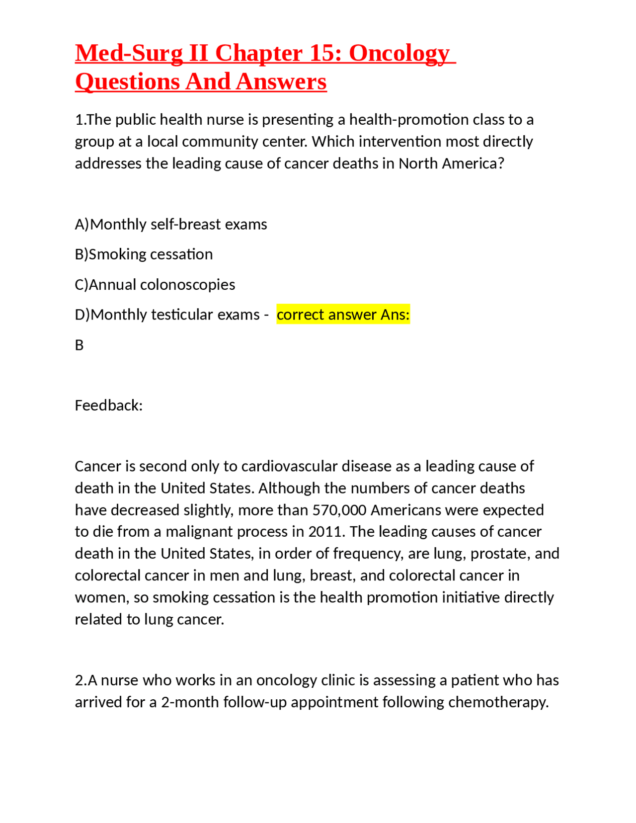 Med-Surg II Chapter 15: Oncology Questions And Answers | Exams Oncology ...
