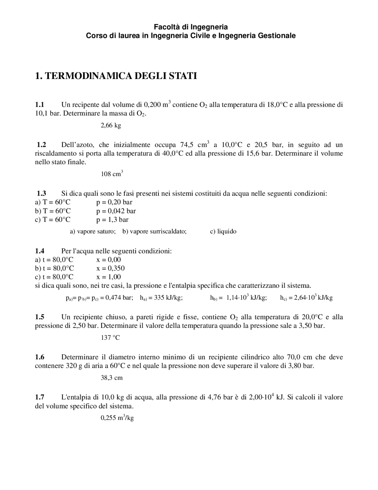 Esercizi su Termodinamica degli stati | Esercizi di Fisica Tecnica | Docsity