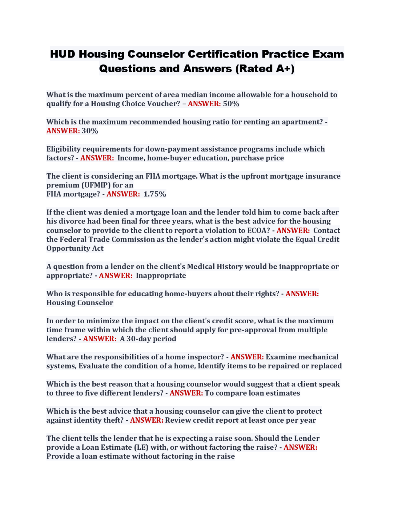 HUD Housing Counselor Certification Practice Exam Questions and Answers ...