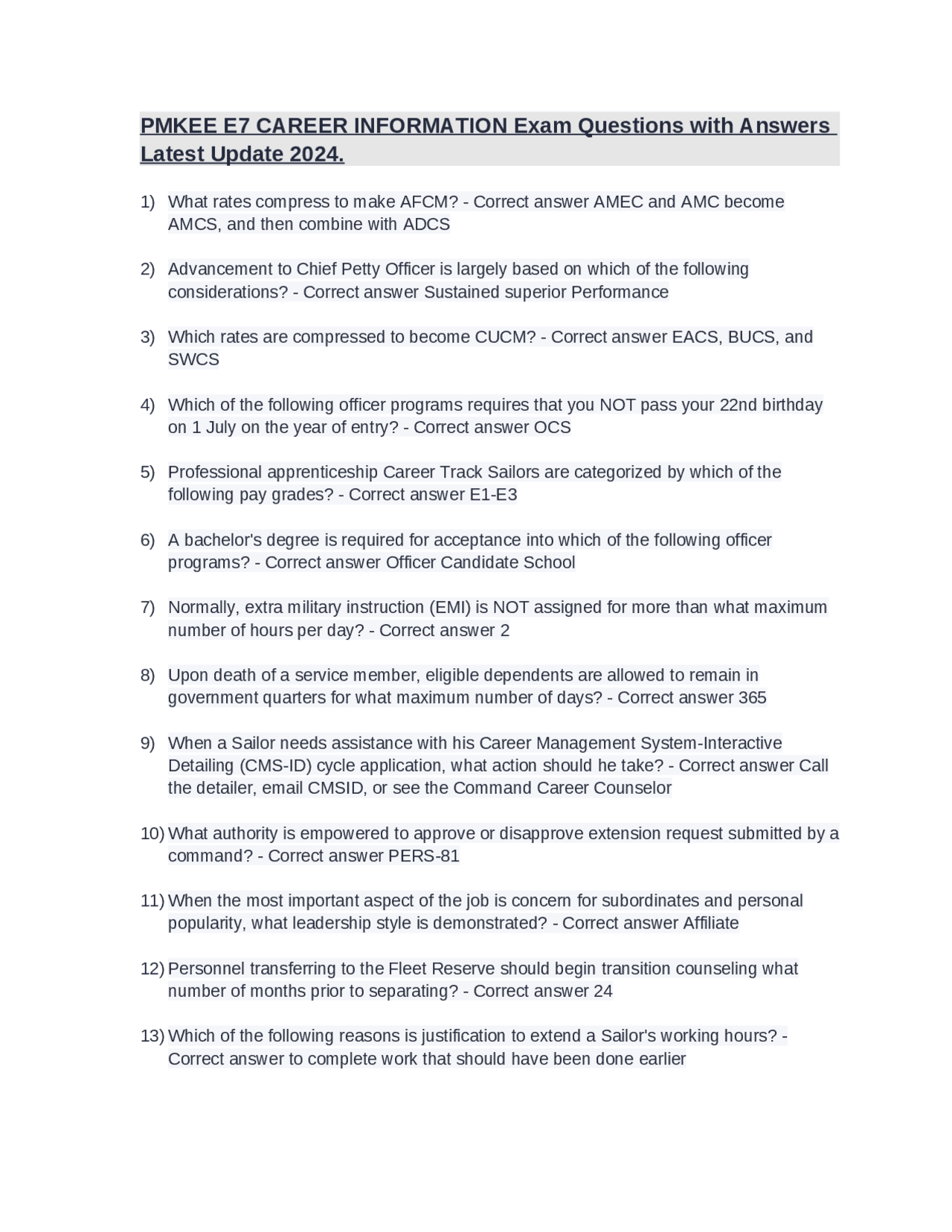 PMKEE E7 Career Information Exam Questions with Answers Latest Update ...