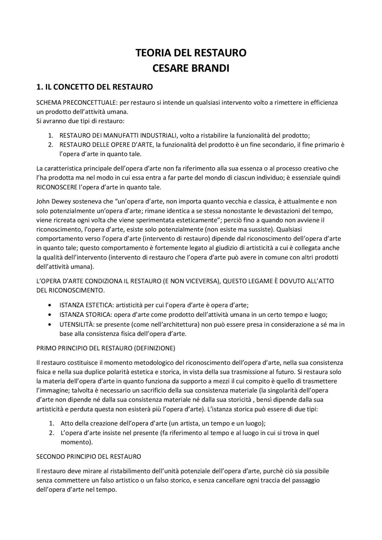 RIASSUNTO TEORIA DEL RESTAURO DI CESARE BRANDI | Appunti di Restauro ...