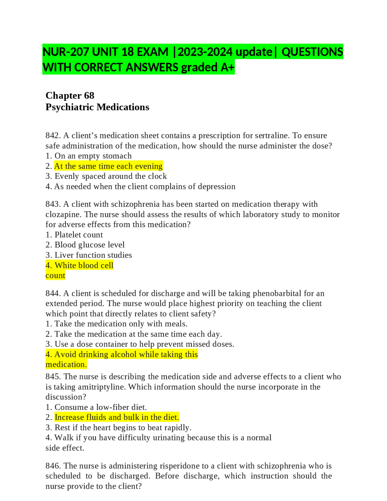 Psychiatric Medications Exam Questions and Answers | Exams Nursing ...