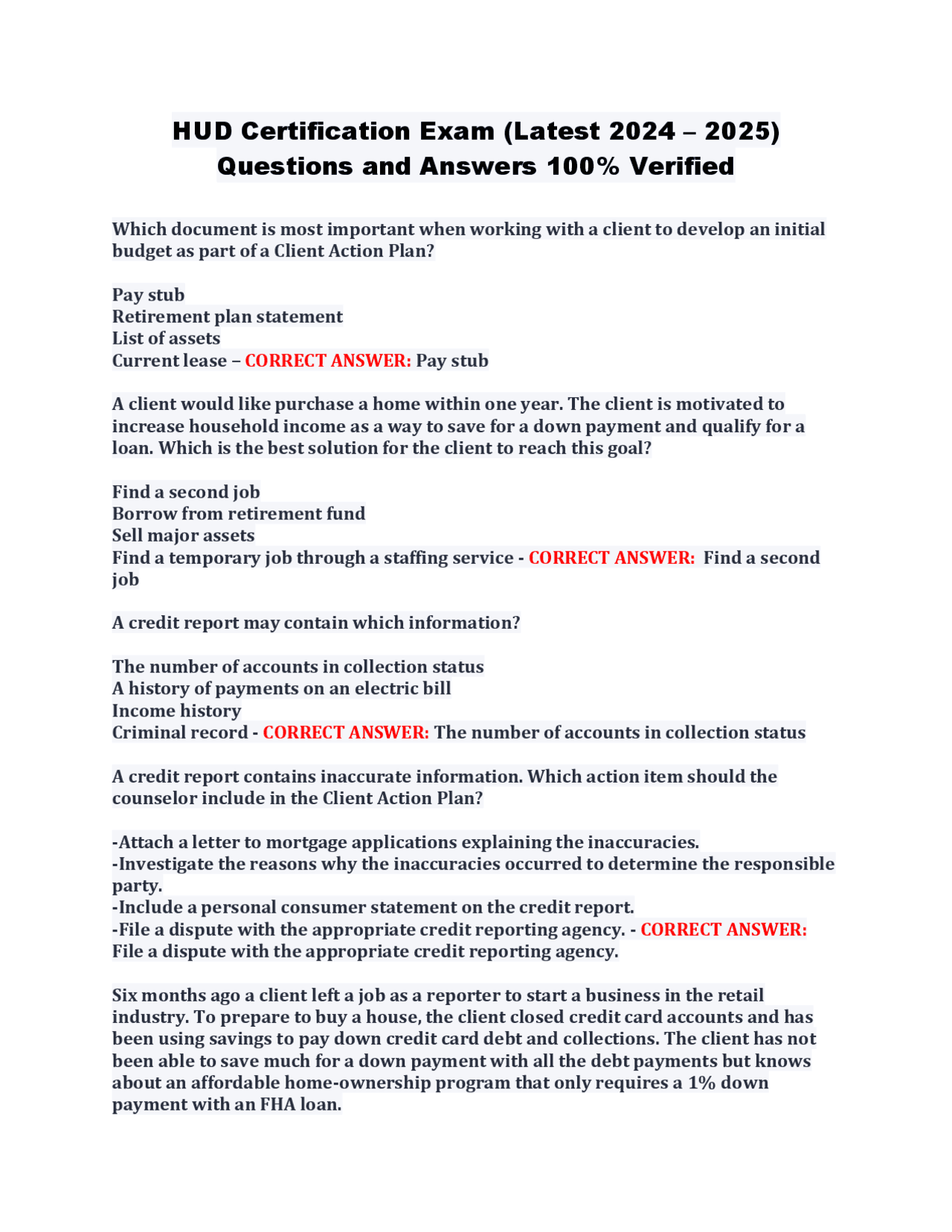 HUD Certification Exam Questions and Answers | Exams Law | Docsity