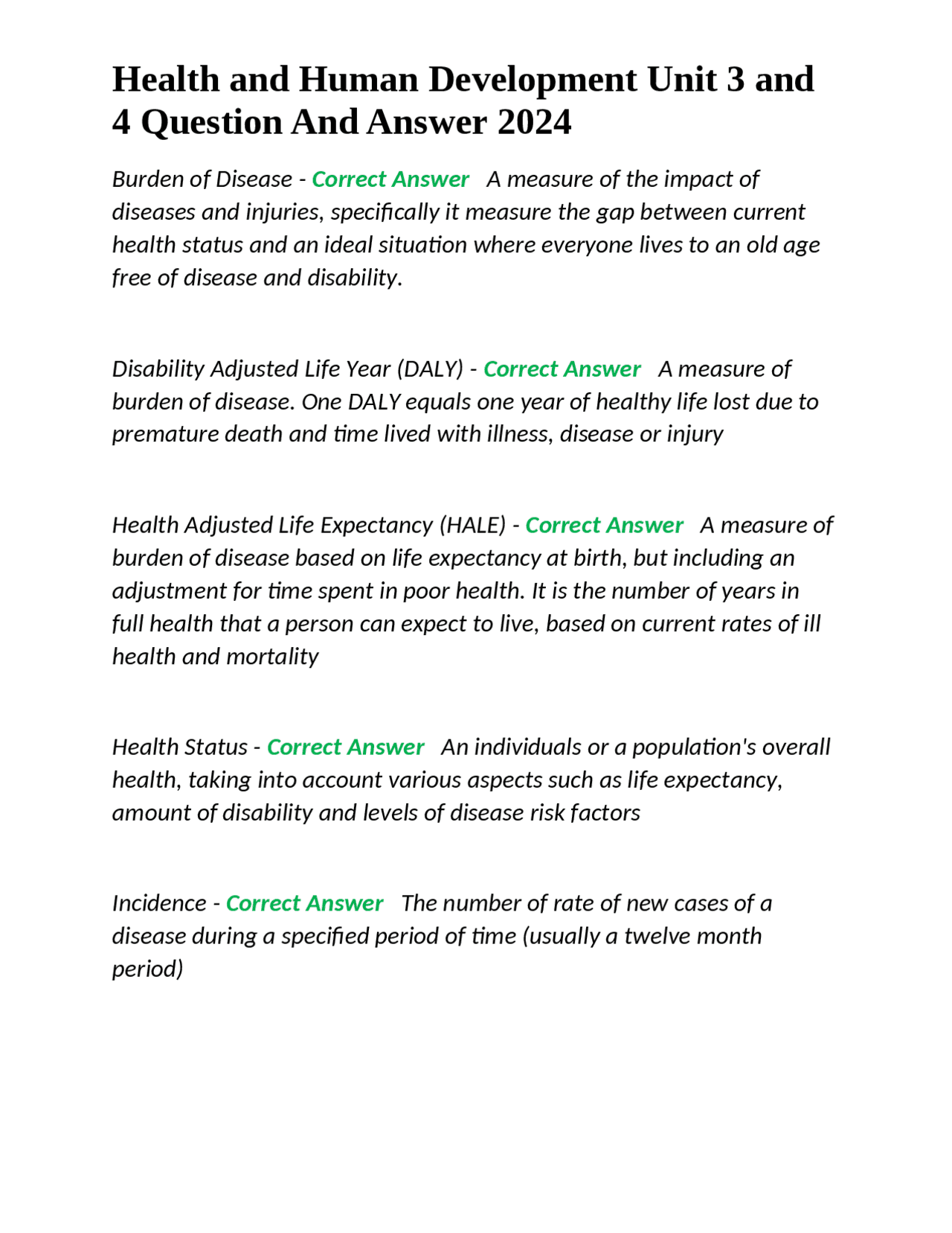 Health and Human Development Unit 3 and 4 Question And Answer 2024 ...
