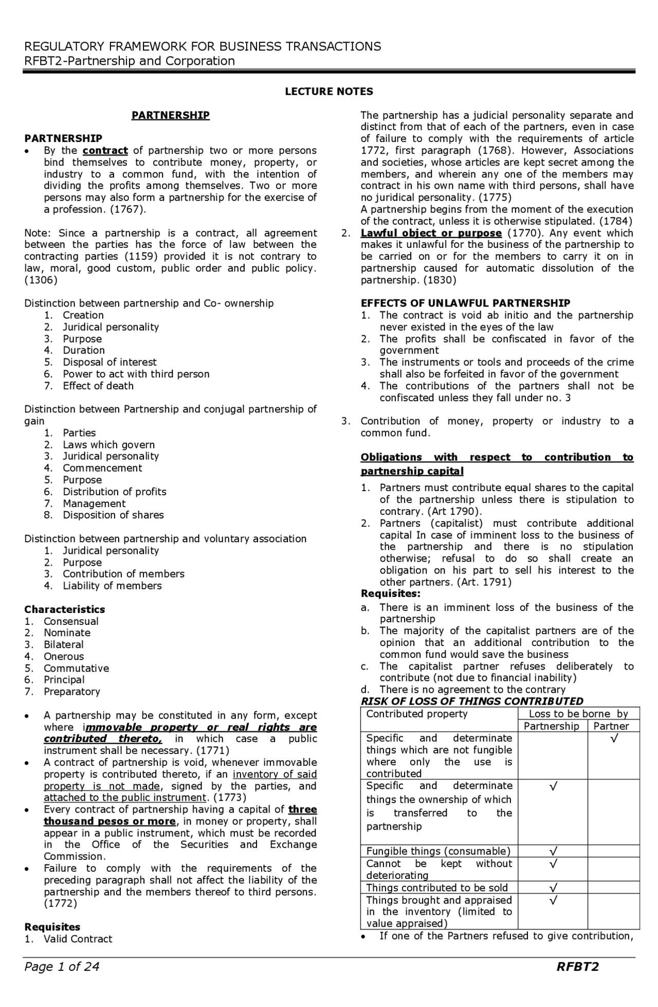 RFBT - Partnership and Corporation | Lecture notes Accounting | Docsity