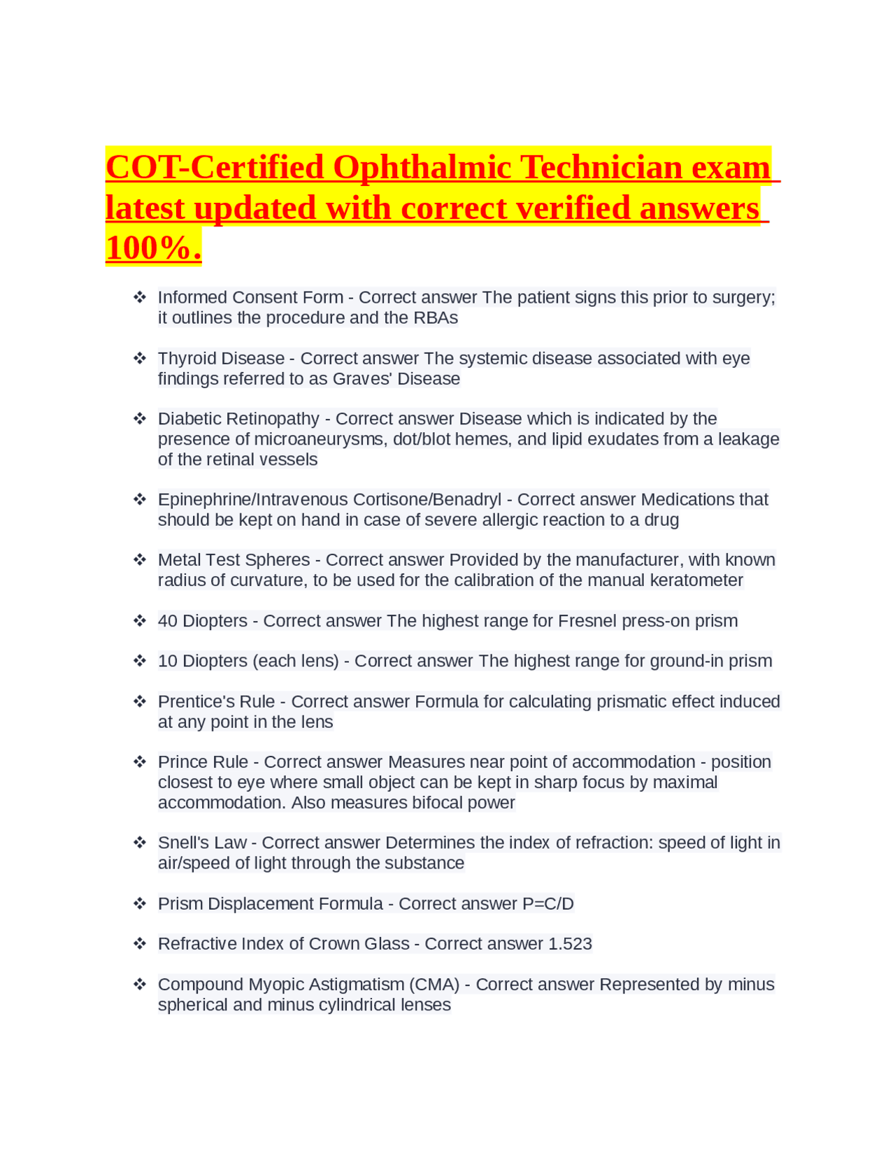 Certified Ophthalmic Technician Exam Review | Exams Nursing | Docsity